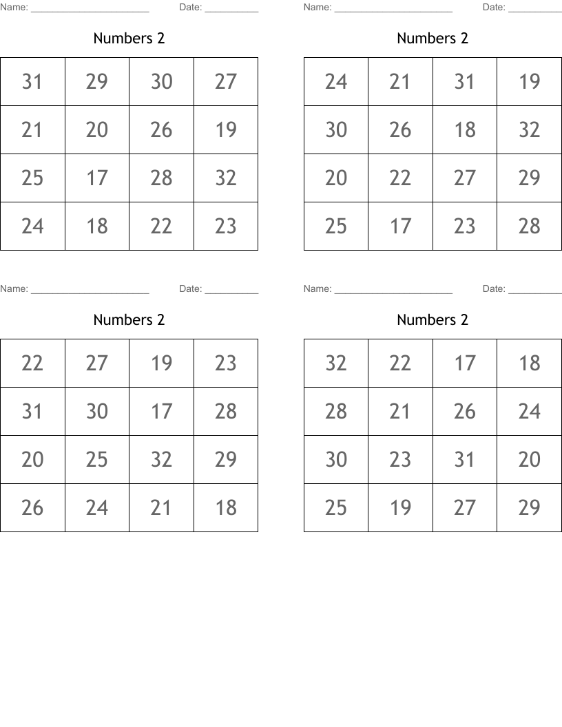 Numbers 2 Bingo Cards - WordMint