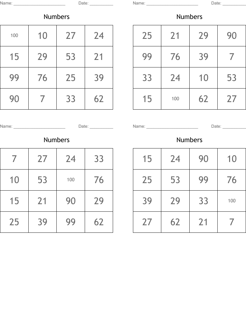 Numbers Bingo Cards - WordMint