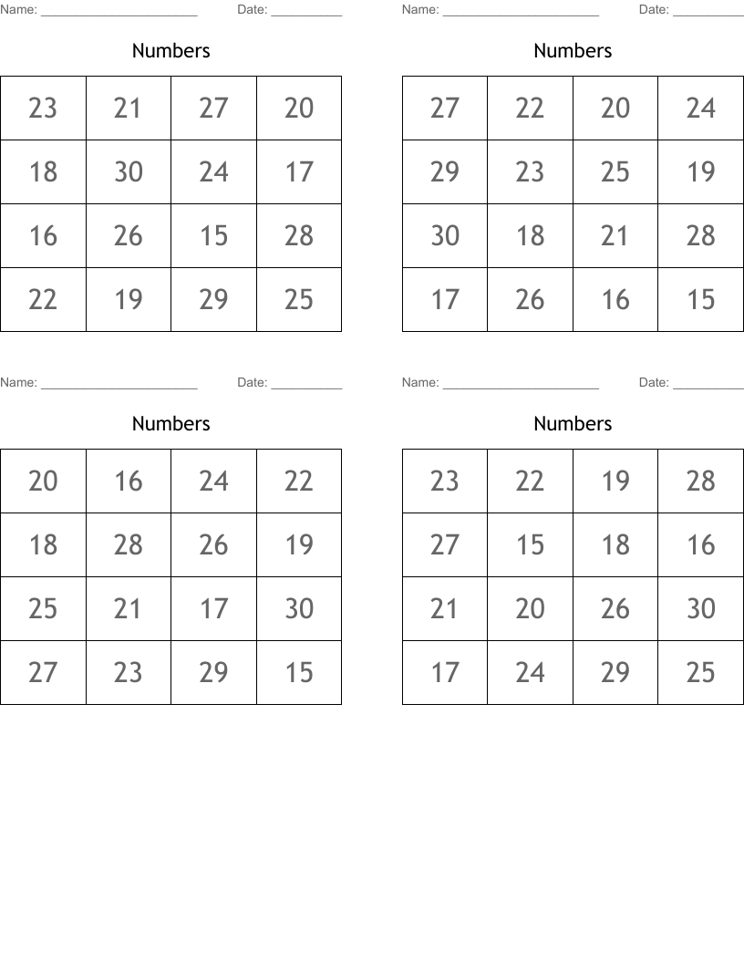 Numbers Bingo Cards WordMint
