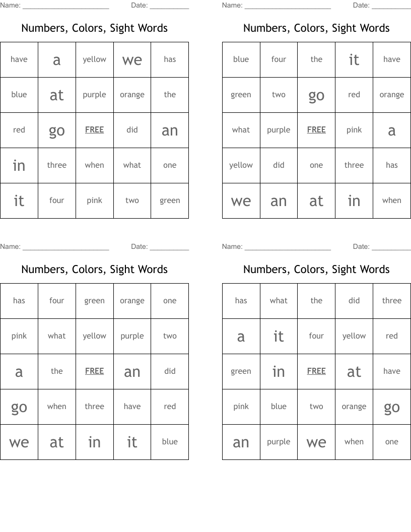 Numbers, Colors, Sight Words Bingo Cards - WordMint