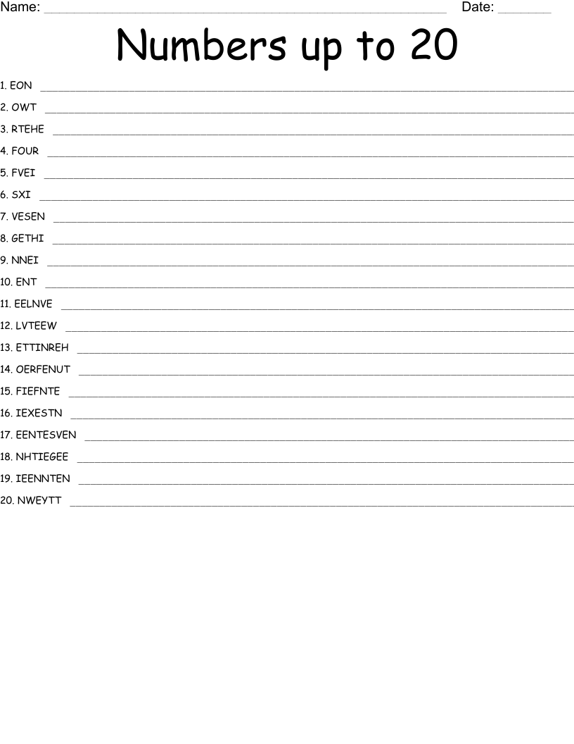 Numbers Up To 20 Word Scramble WordMint