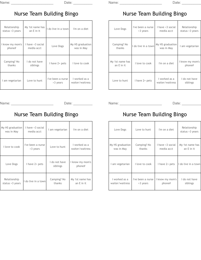 Nurse Team Building Bingo - WordMint