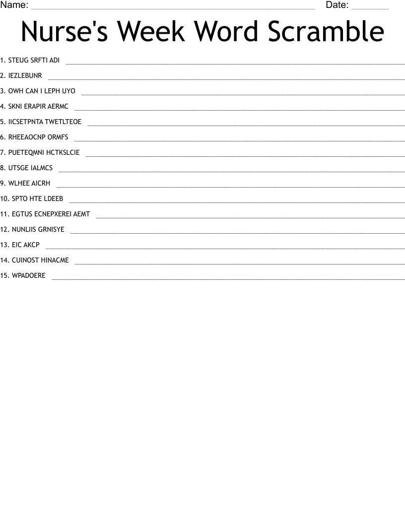 Nurse's Week Word Scramble - WordMint