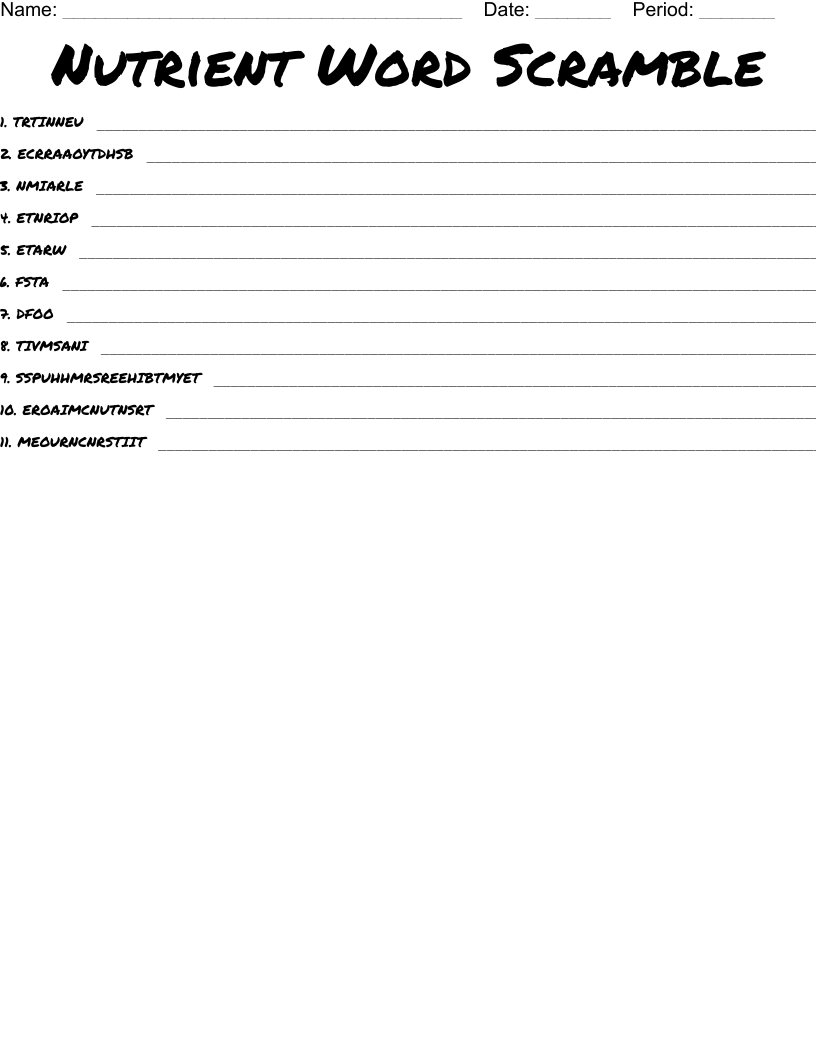 Nutrition Word Scramble