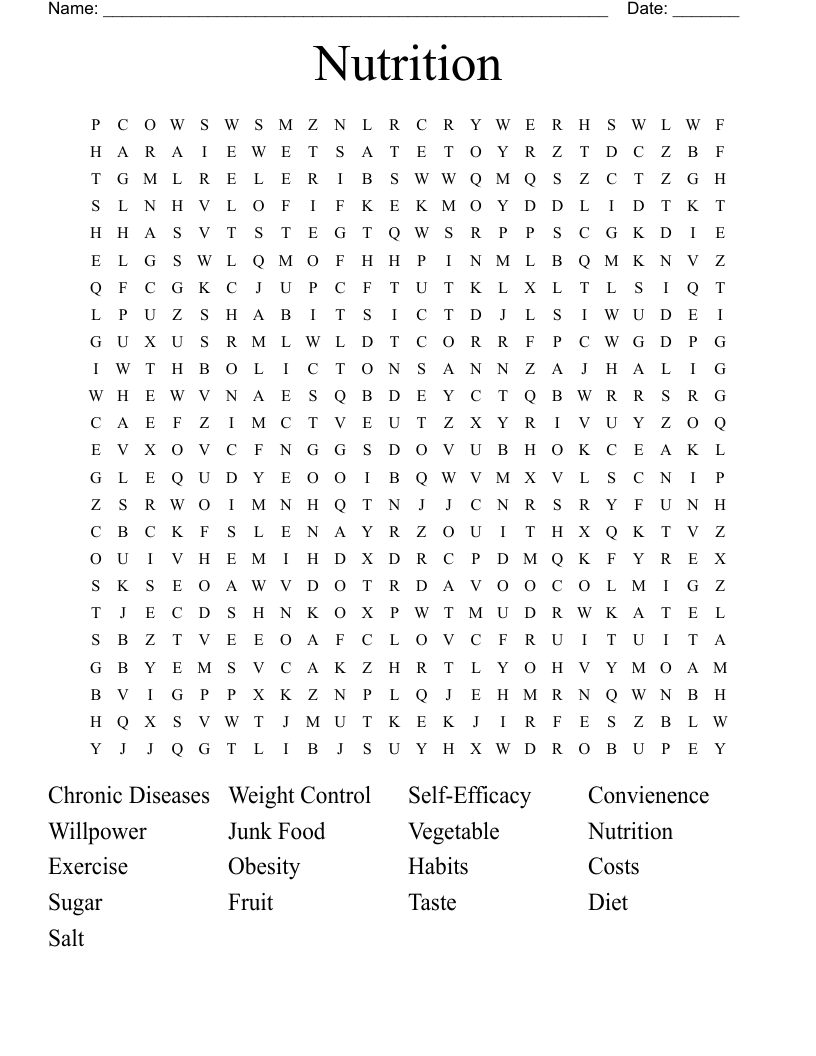 Nutrition Word Search - WordMint