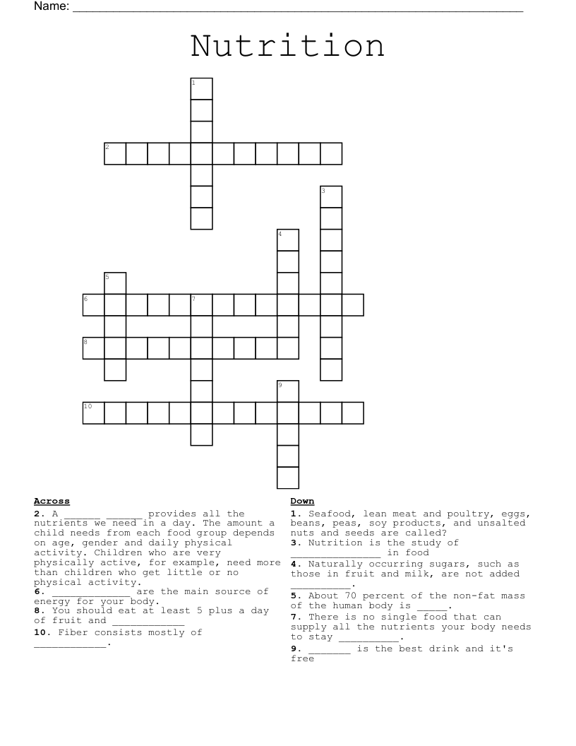 Nutrition Crossword - WordMint