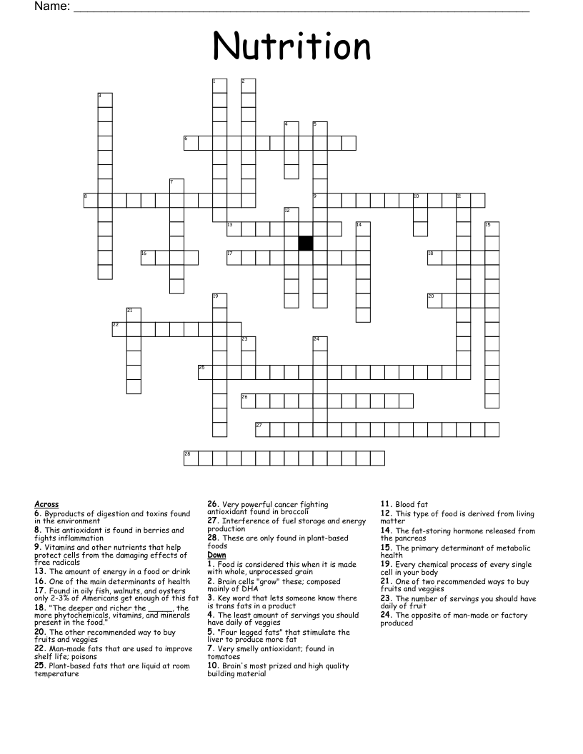 Nutrition Crossword WordMint