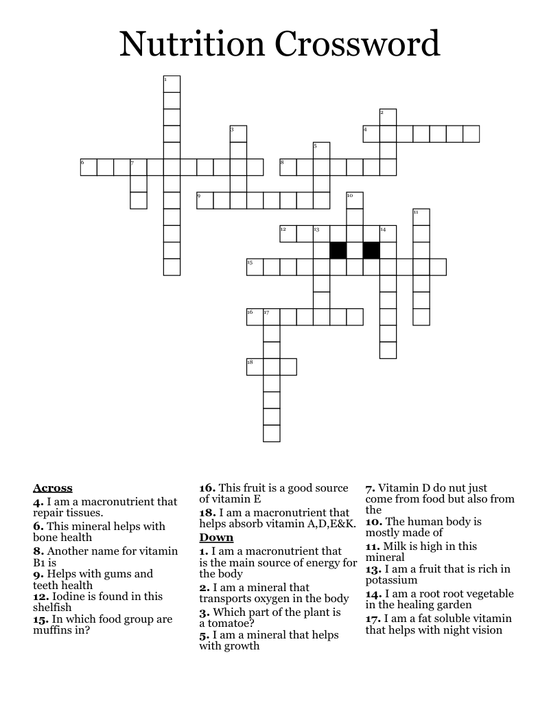 Nutrition Crossword - WordMint