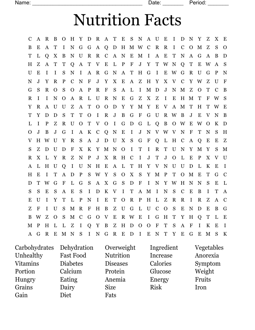 Nutrition Facts Word Search WordMint