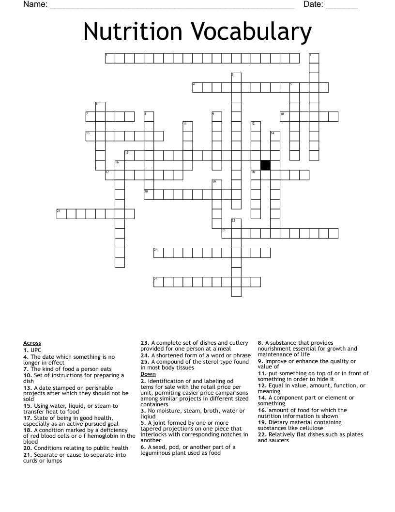 Nutrition Vocabulary Crossword - WordMint