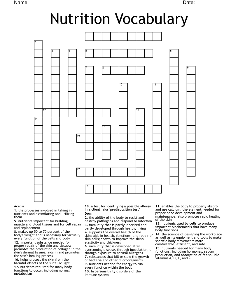 Nutrition Vocabulary Crossword - WordMint