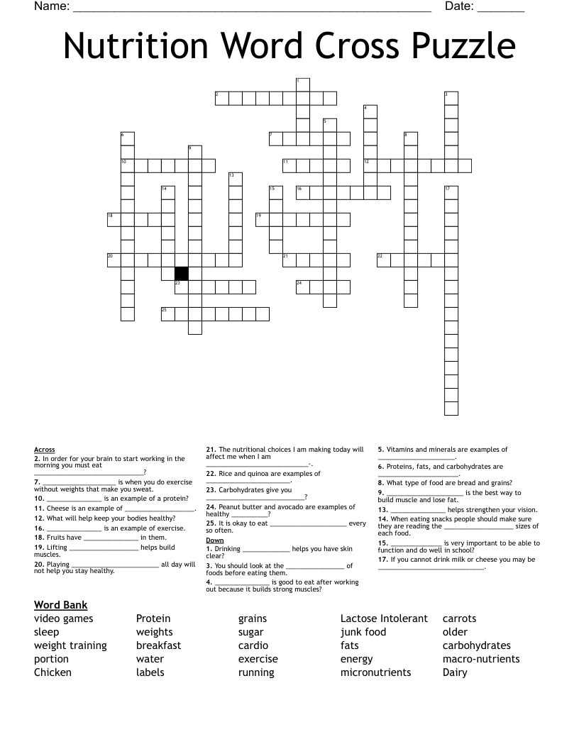 Nutrition Word Cross Puzzle Crossword - WordMint