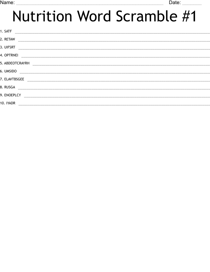 Nutrition Word Scramble #1 - WordMint