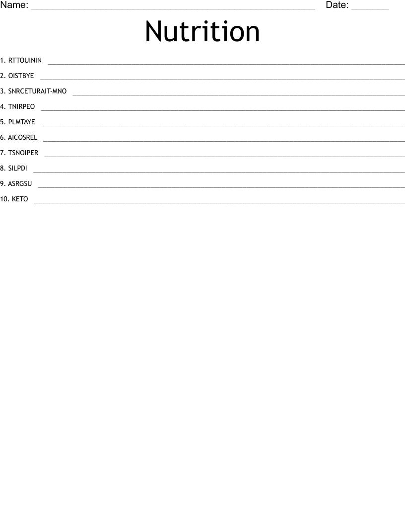 Nutrition Word Scramble - WordMint
