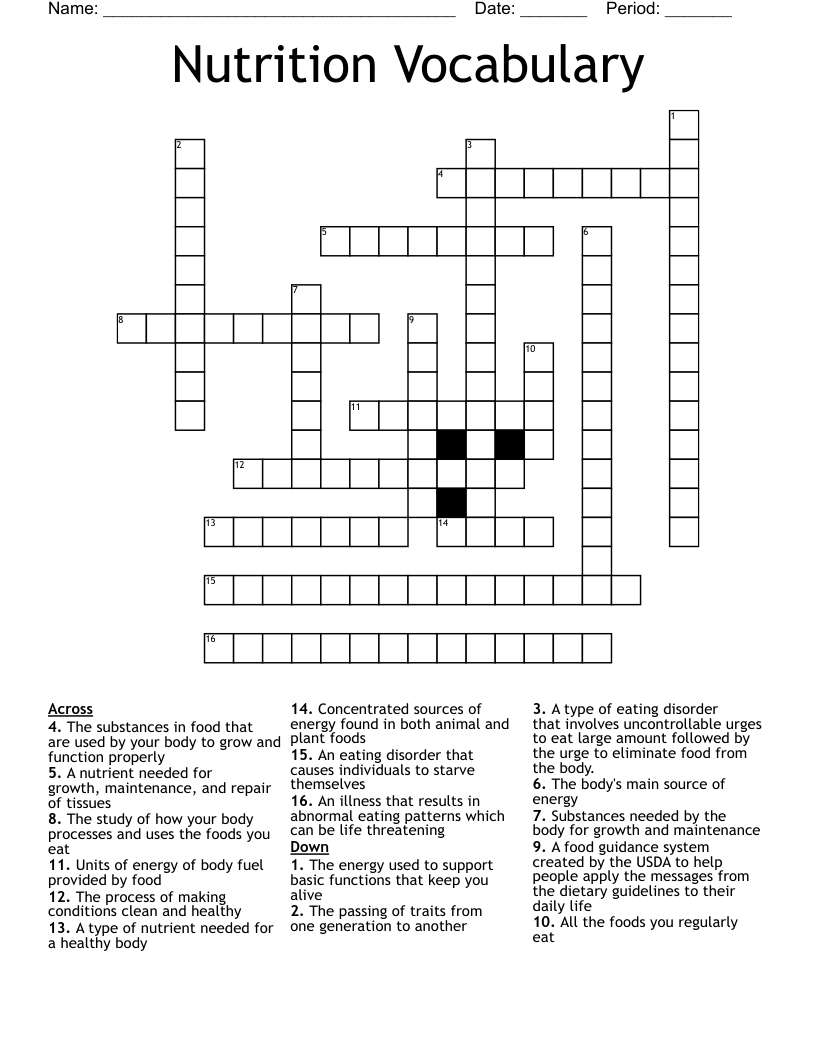 Nutrition Vocabulary Crossword - WordMint