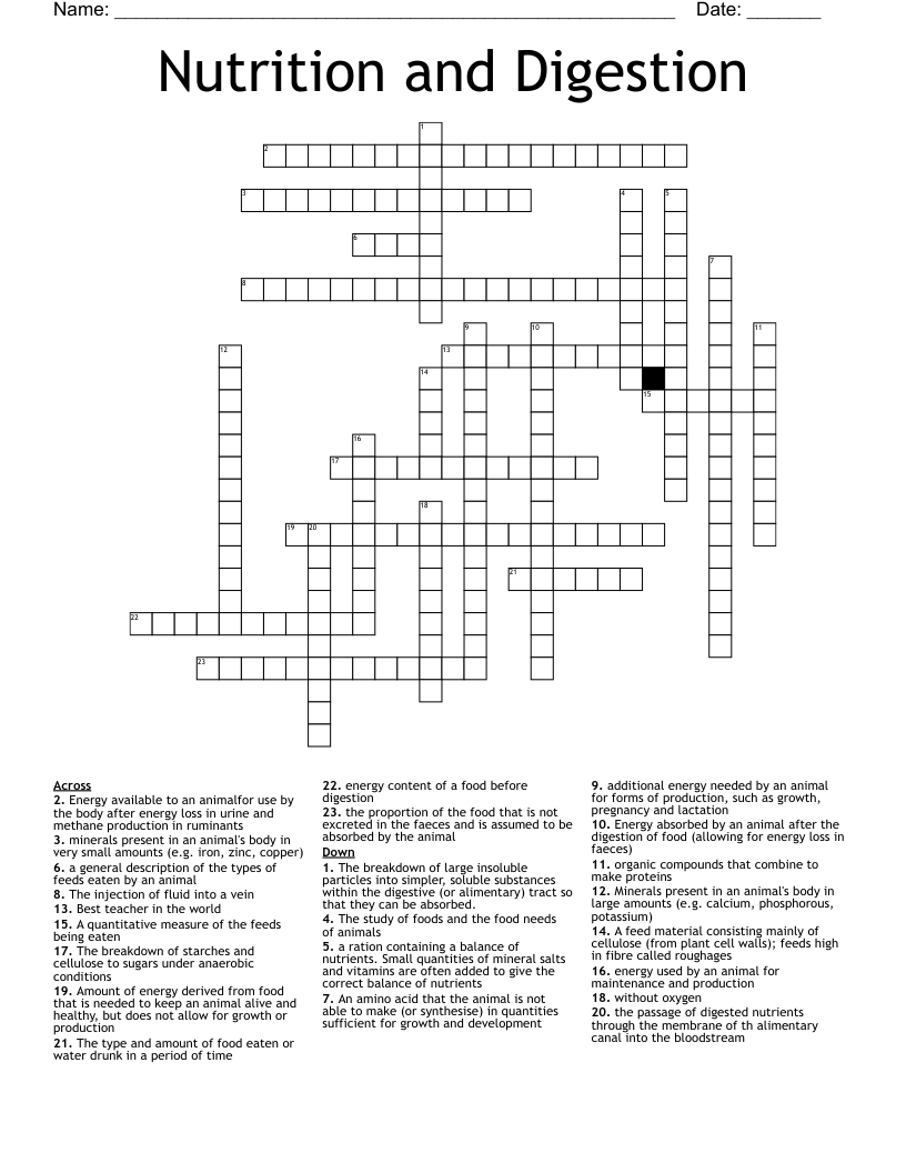 Nutrition and Digestion Crossword - WordMint