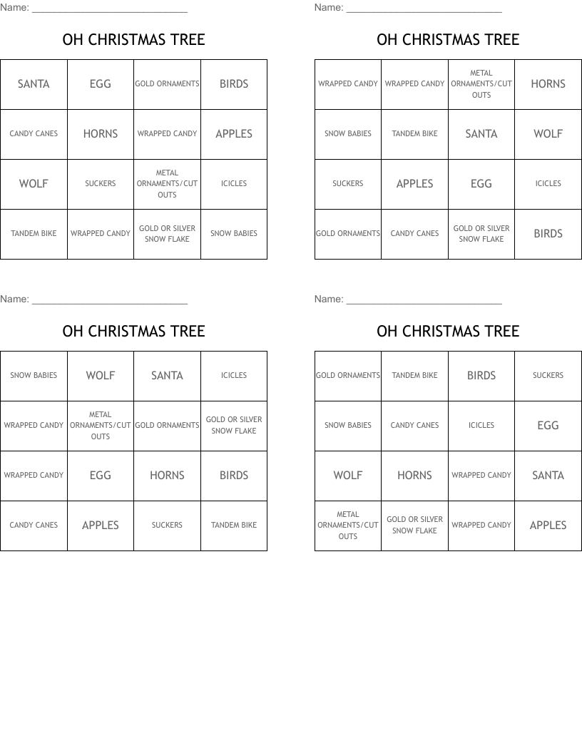 OH CHRISTMAS TREE Bingo Cards - WordMint