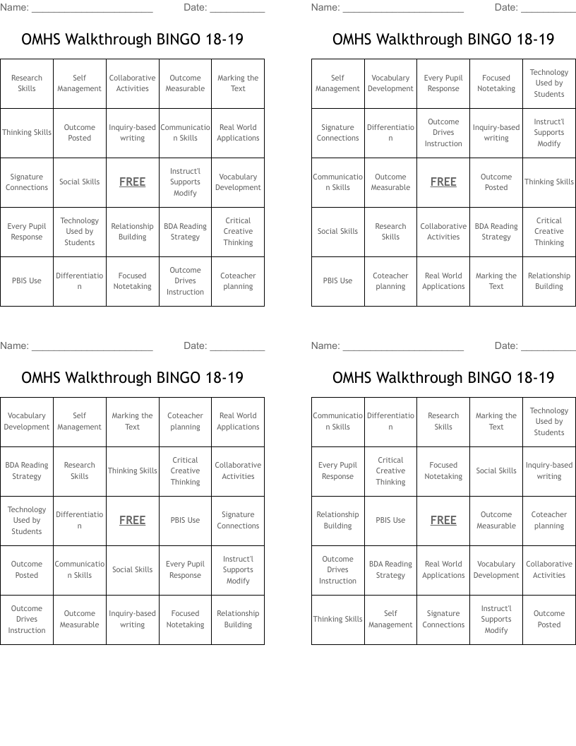 OMHS Walkthrough BINGO 18-19 - WordMint