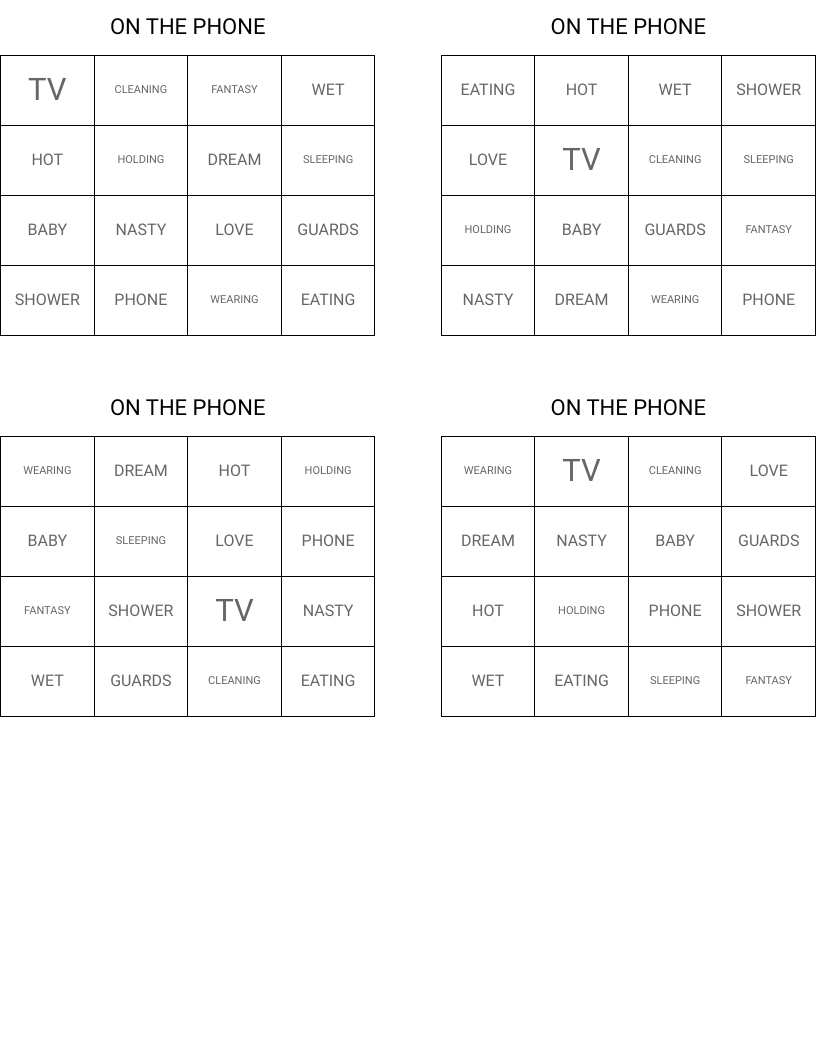 ON THE PHONE Bingo Cards - WordMint