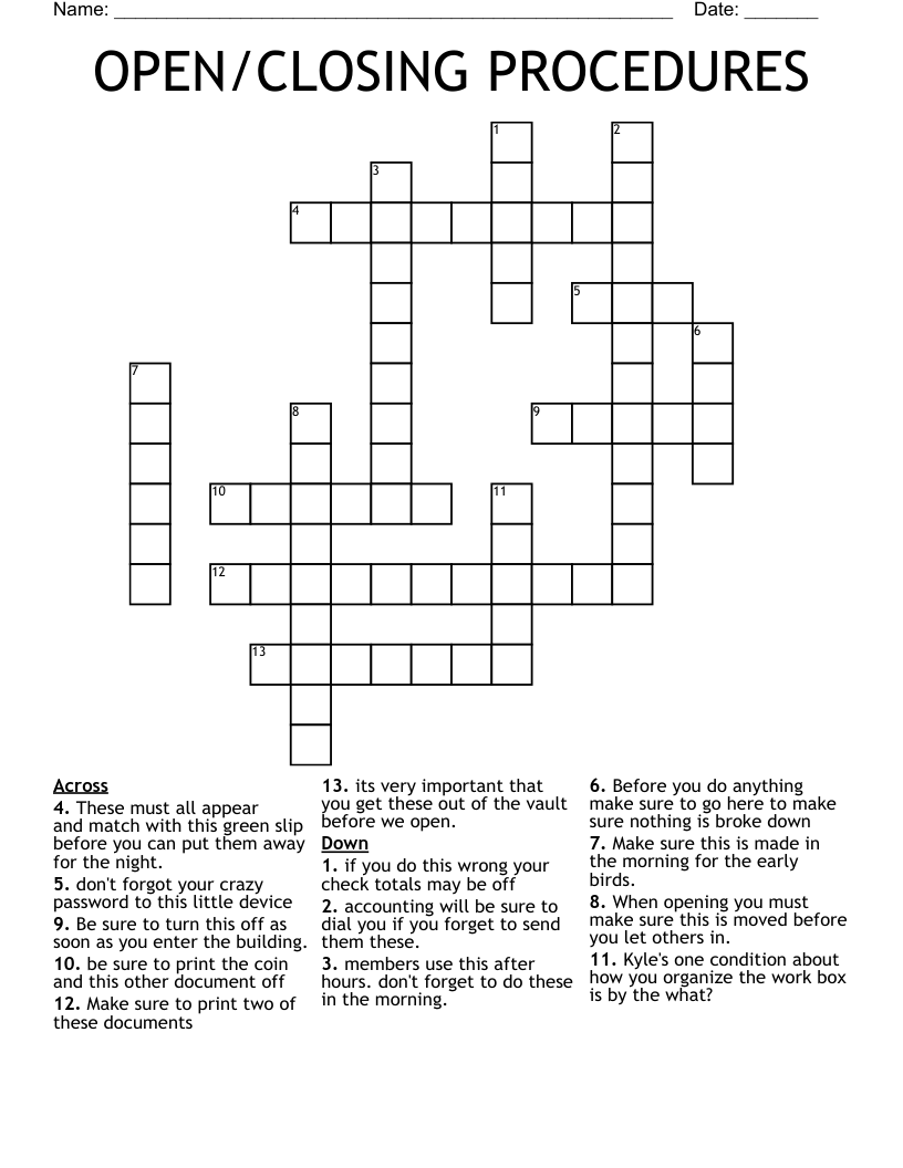 OPEN/CLOSING PROCEDURES Crossword - WordMint