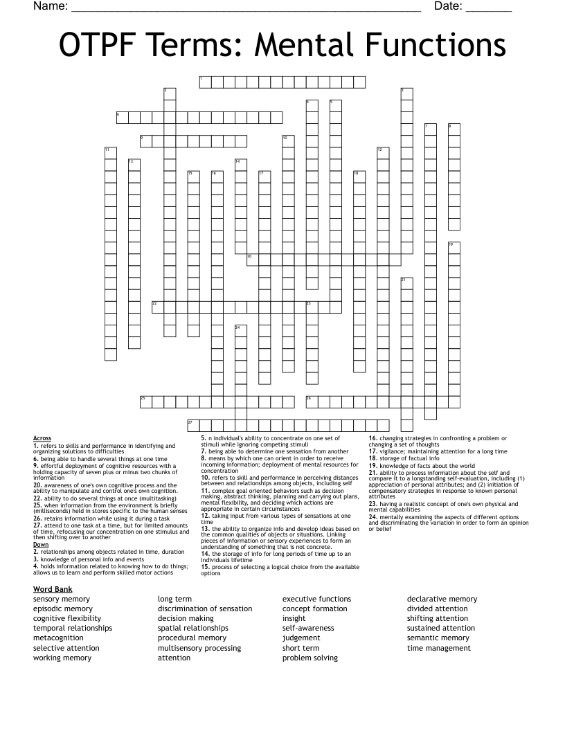 OTPF Terms: Mental Functions Crossword - WordMint