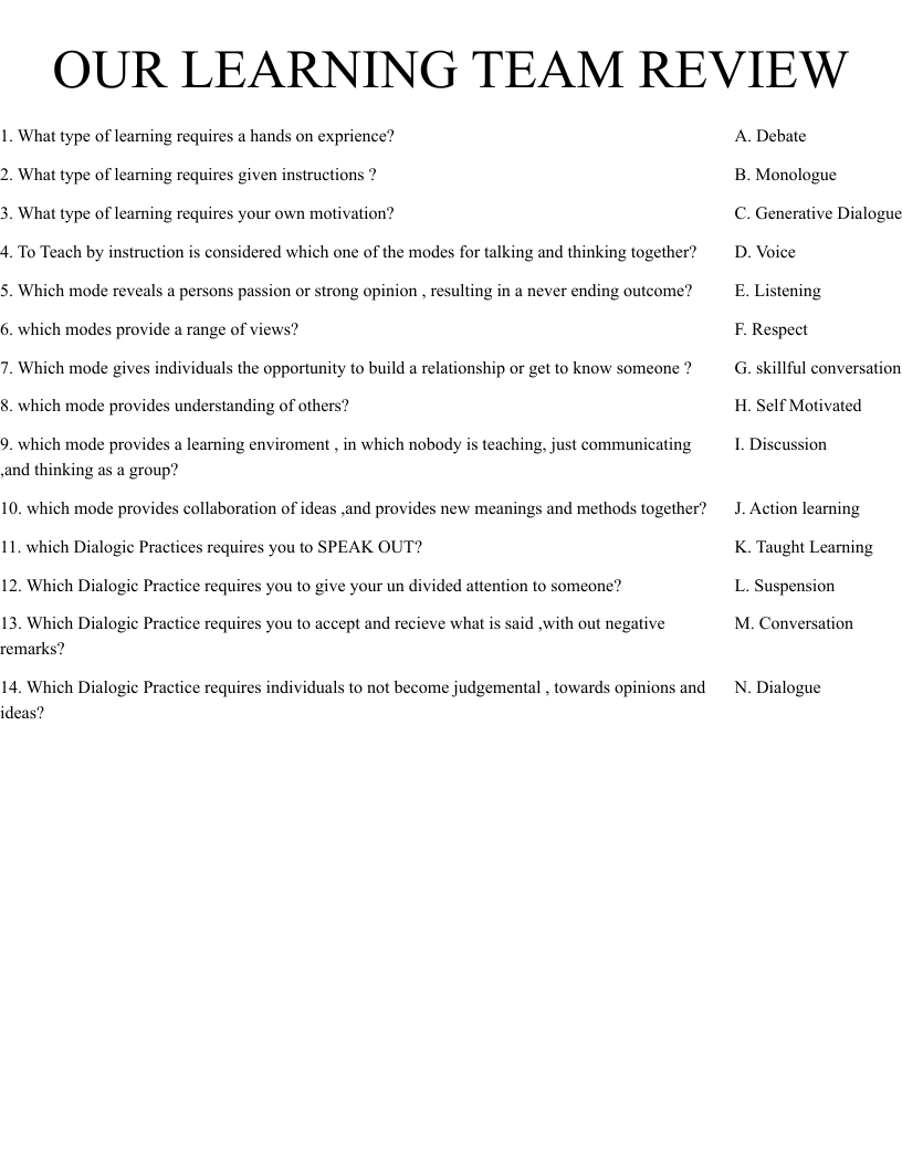 OUR LEARNING TEAM REVIEW Worksheet - WordMint