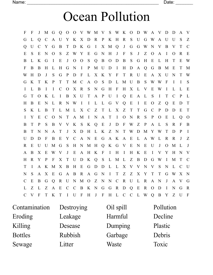 Ocean Pollution Word Search WordMint