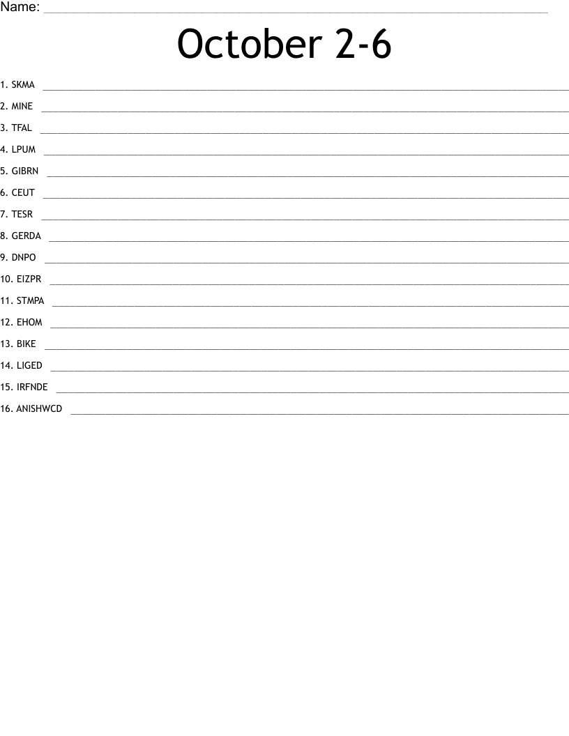October 2-6 Word Scramble - WordMint