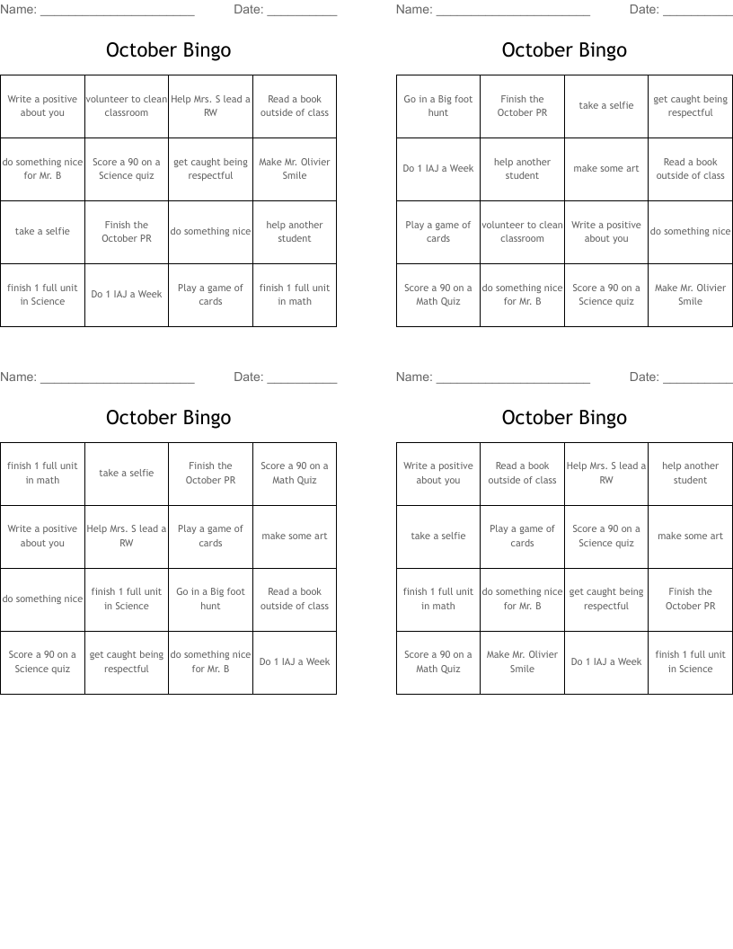 October Bingo - WordMint