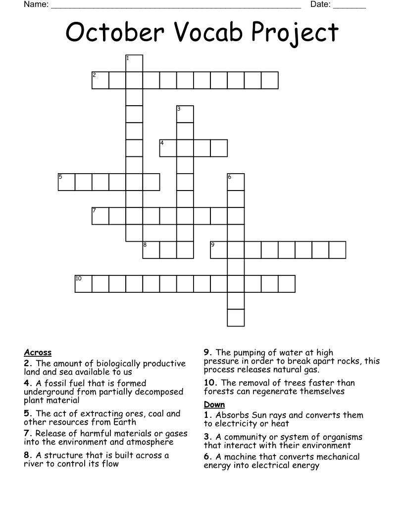 October Vocab Project Crossword - WordMint
