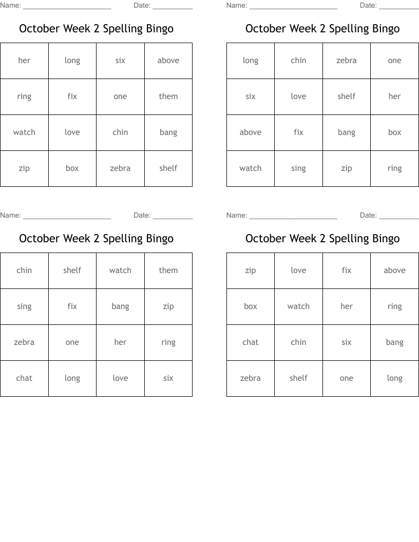October Week 2 Spelling Bingo - WordMint
