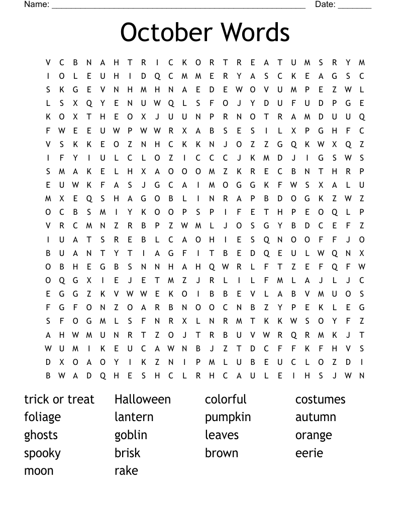 October Words Word Search - WordMint