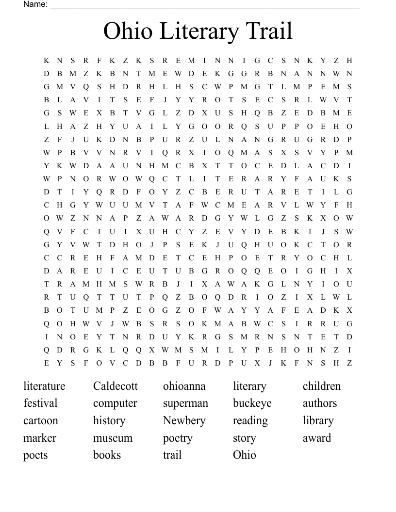 Ohio Literary Trail Word Search - WordMint
