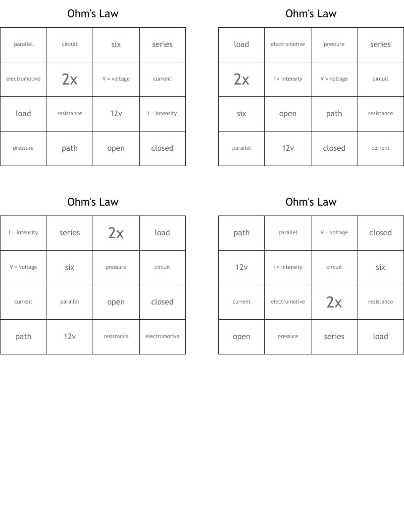 Ohm's Law Bingo Cards - WordMint