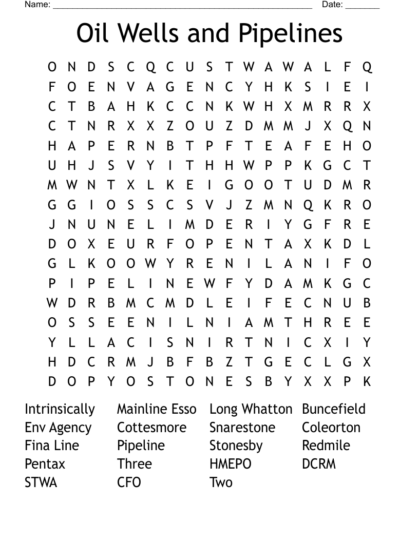 Oil Wells and Pipelines Word Search - WordMint