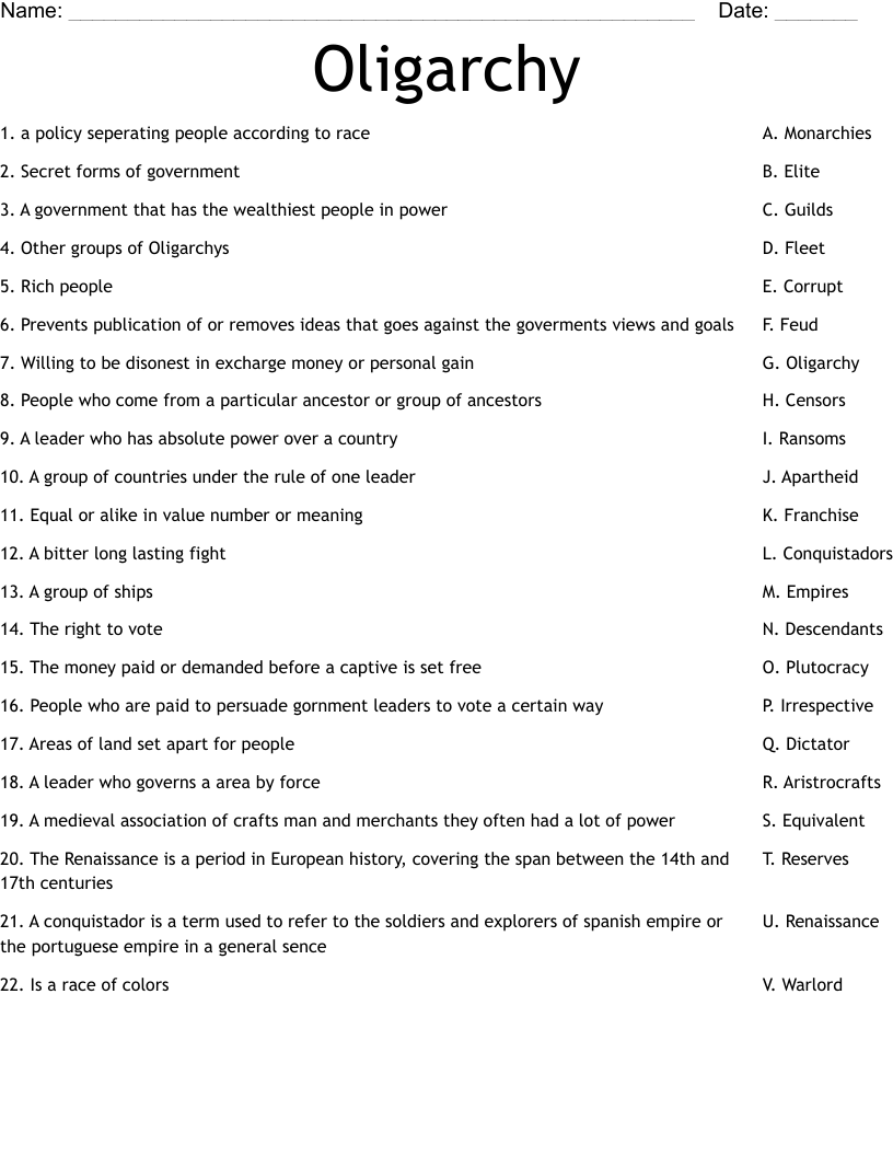 Oligarchy Worksheet - WordMint