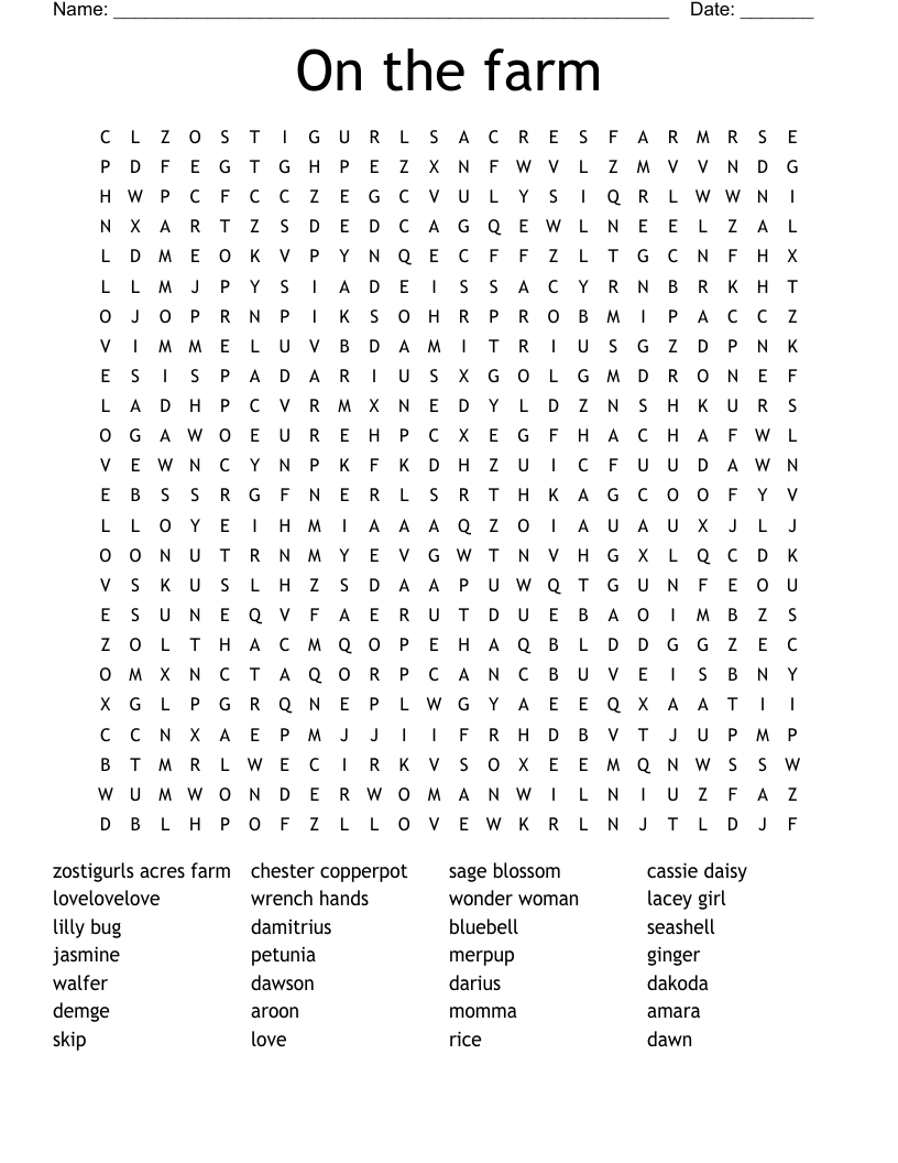 On the farm Word Search - WordMint