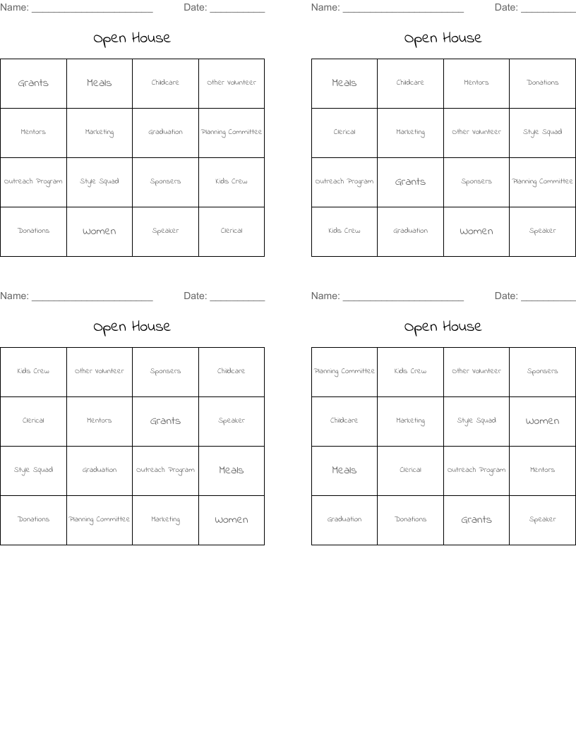 Open House Bingo Cards - WordMint