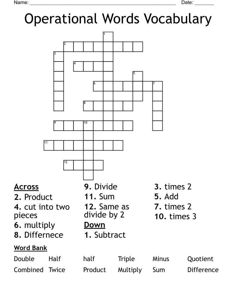 Operational Words Vocabulary Crossword - WordMint
