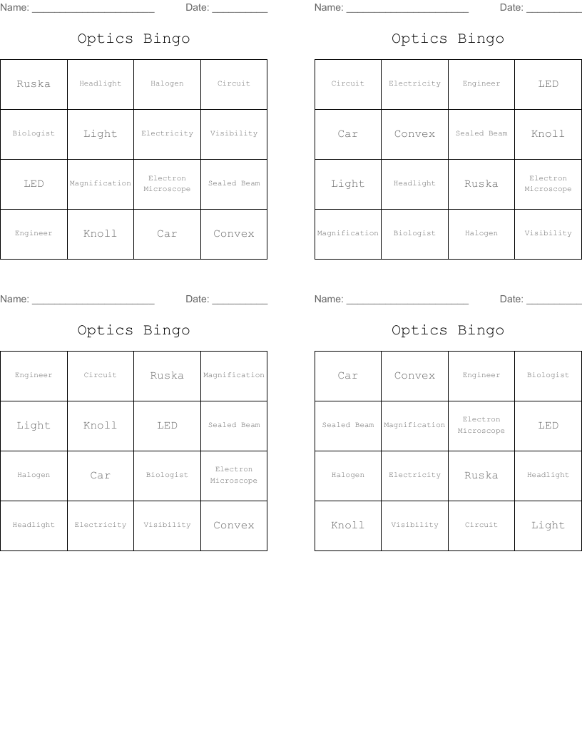 Optics Bingo - WordMint