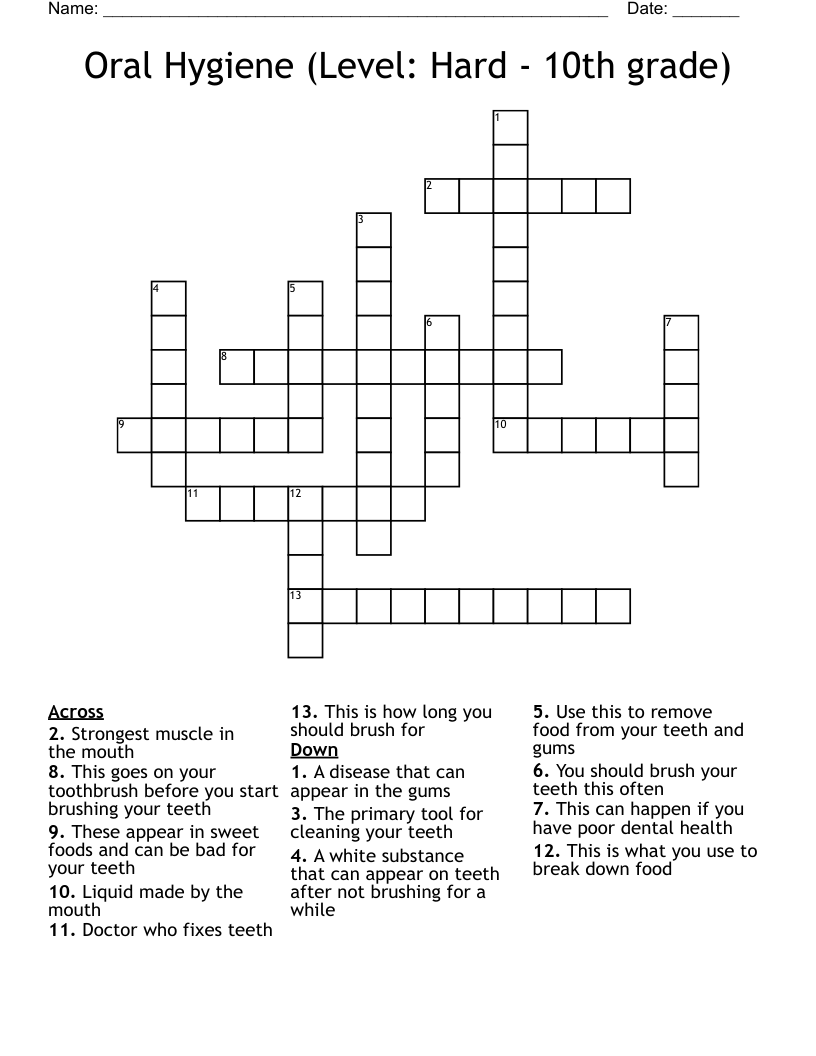 Oral Hygiene Level Hard 10th Grade Crossword WordMint