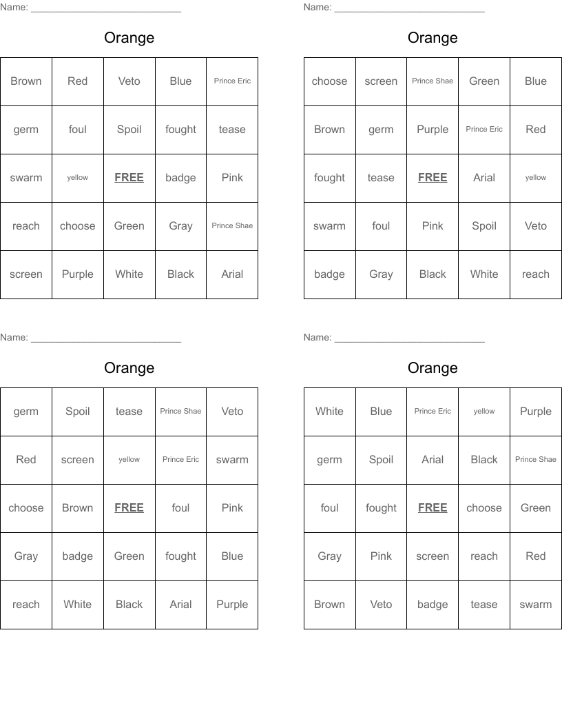 Orange Bingo Cards - WordMint
