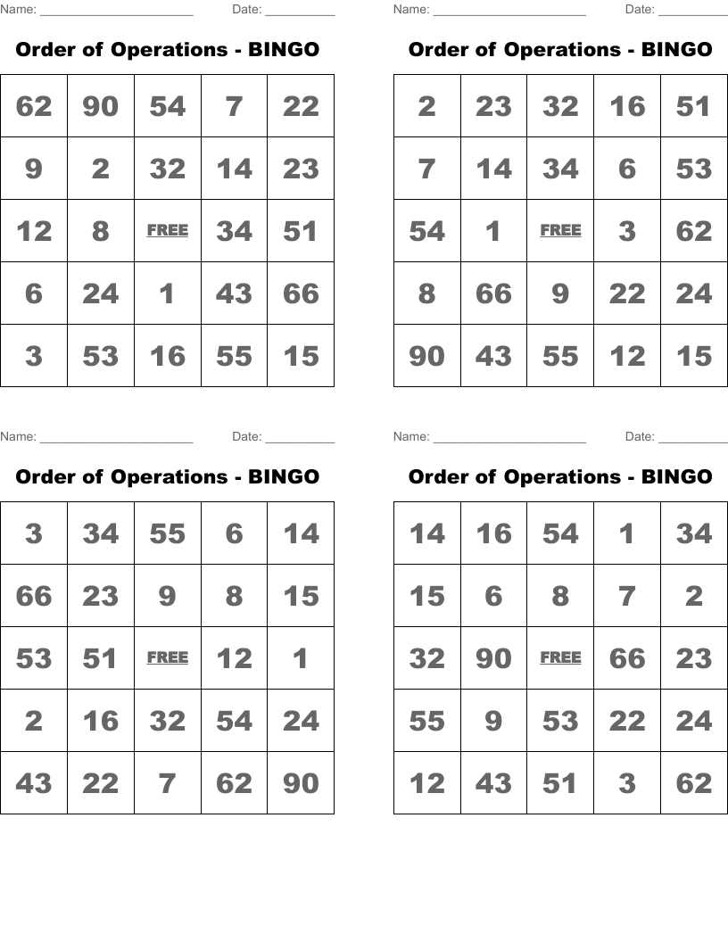 Order Of Operations BINGO WordMint