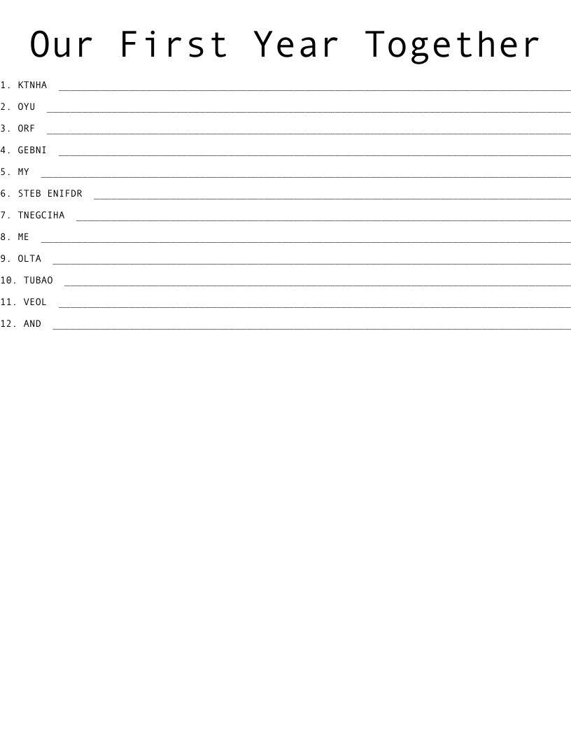 Our First Year Together Word Scramble - WordMint