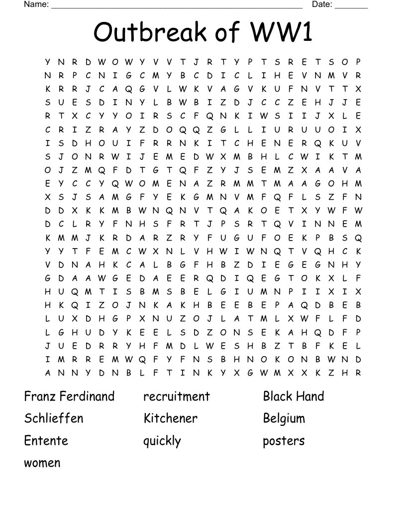Outbreak of WW1 Word Search - WordMint