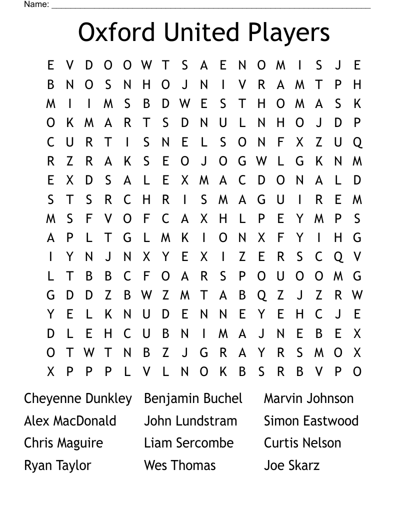Oxford United Players Word Search - WordMint