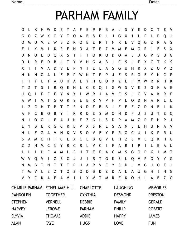 PARHAM FAMILY Word Search - WordMint