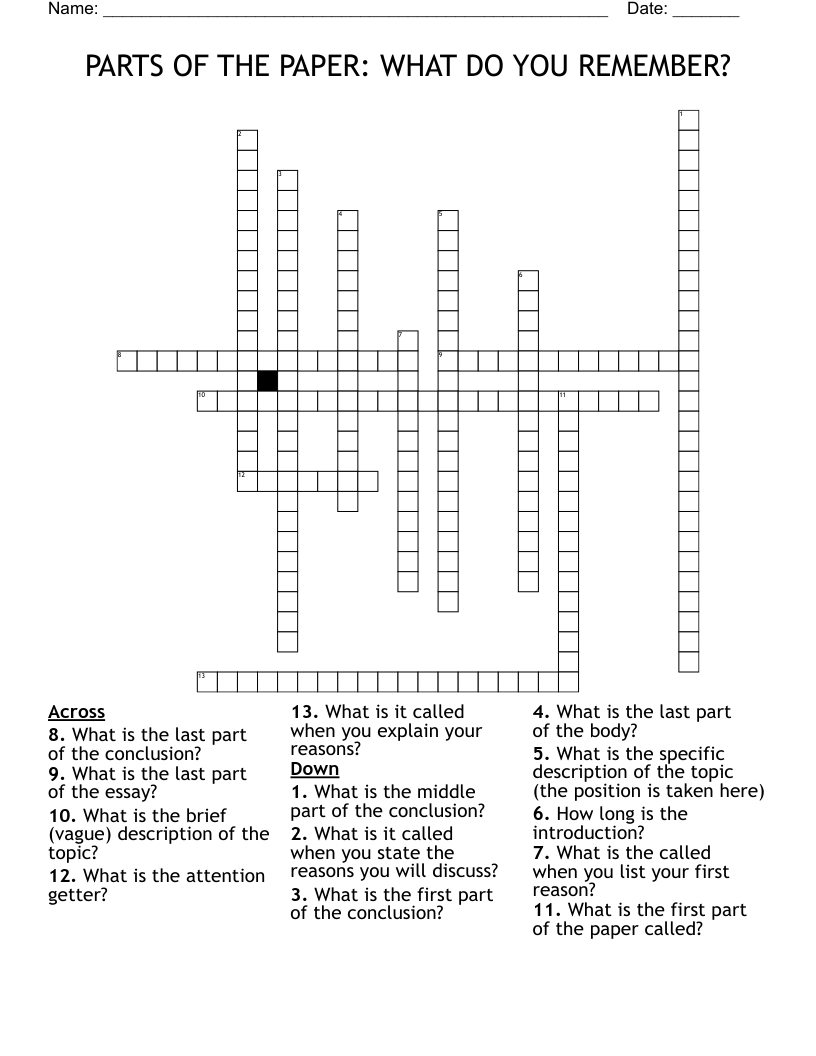 PARTS OF THE PAPER WHAT DO YOU REMEMBER Crossword WordMint