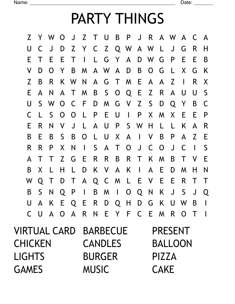 PARTY THINGS Word Search - WordMint
