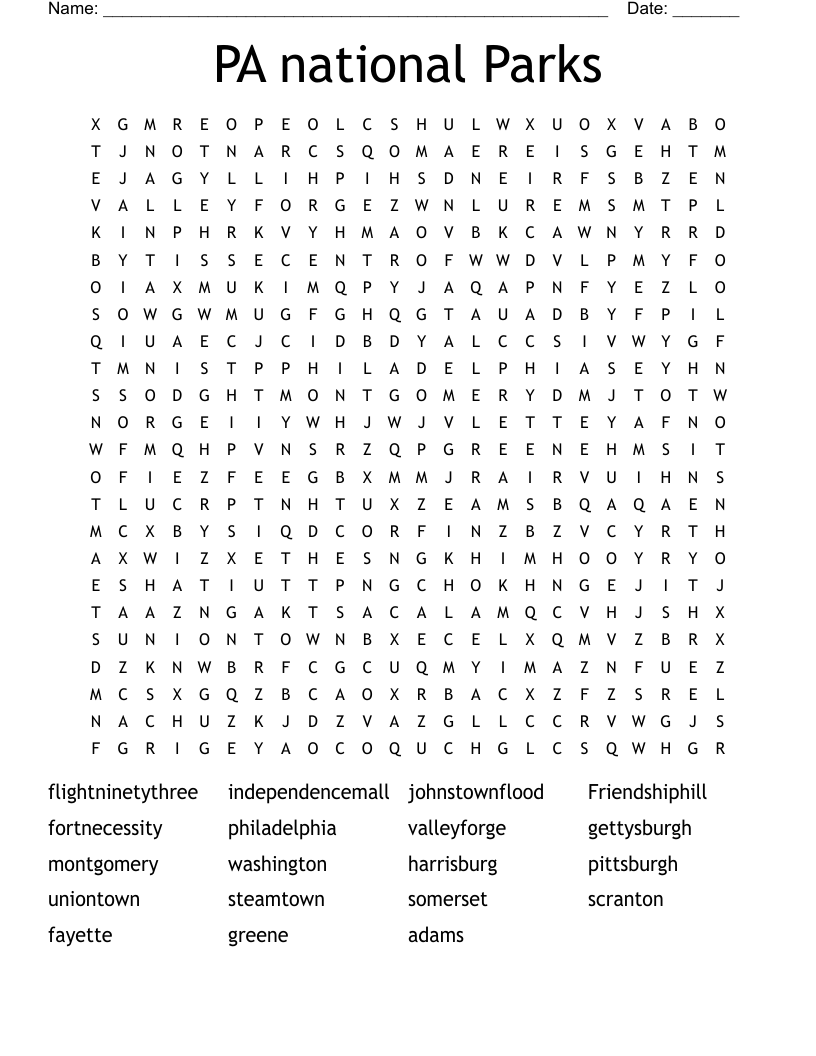 PA national Parks Word Search - WordMint